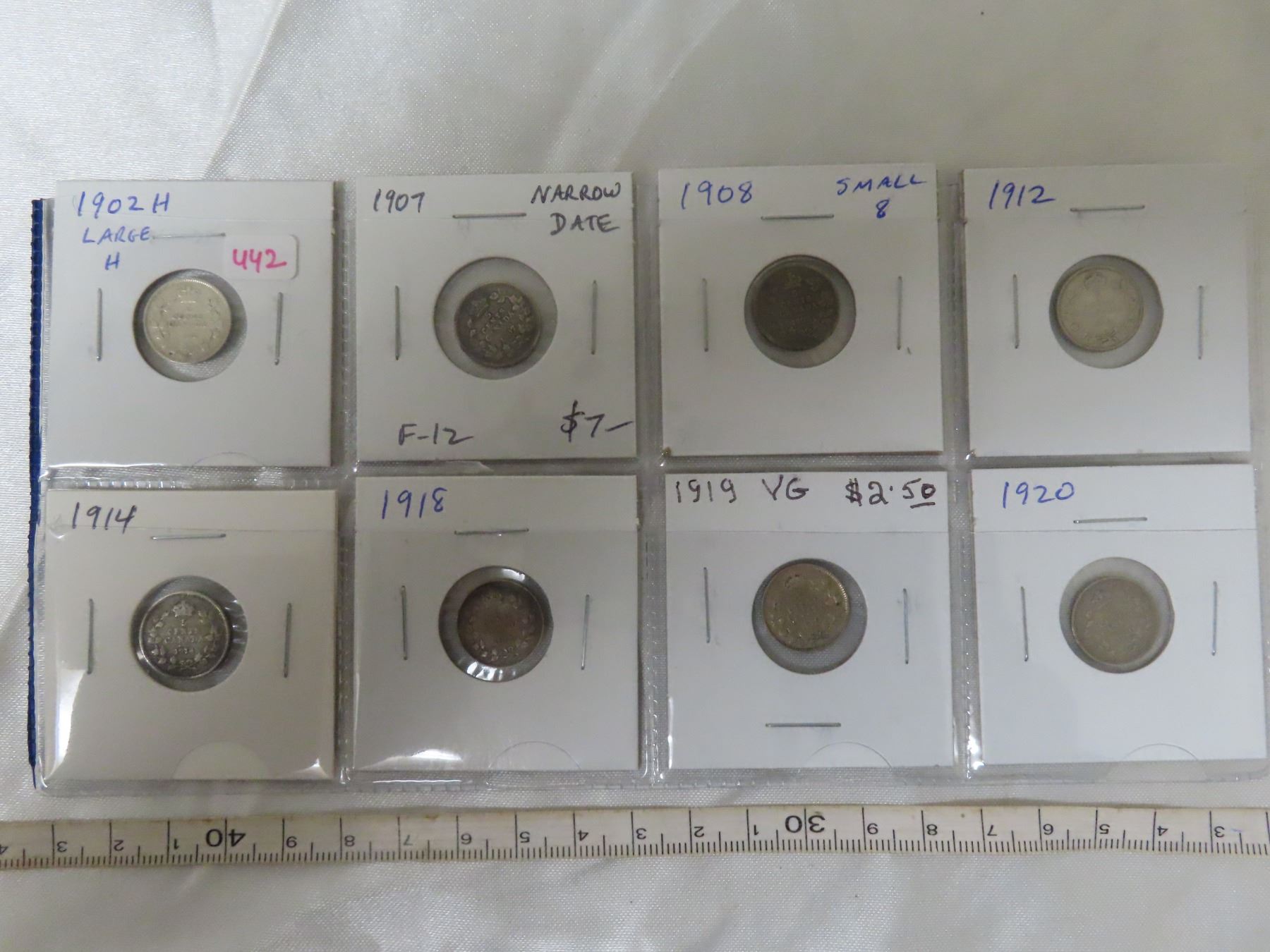 Lot of 8 Canadian Silver 5 Cents. Includes 1902H Large H, 1907 Narrow Date, 1908 Small 8, 1912 ...