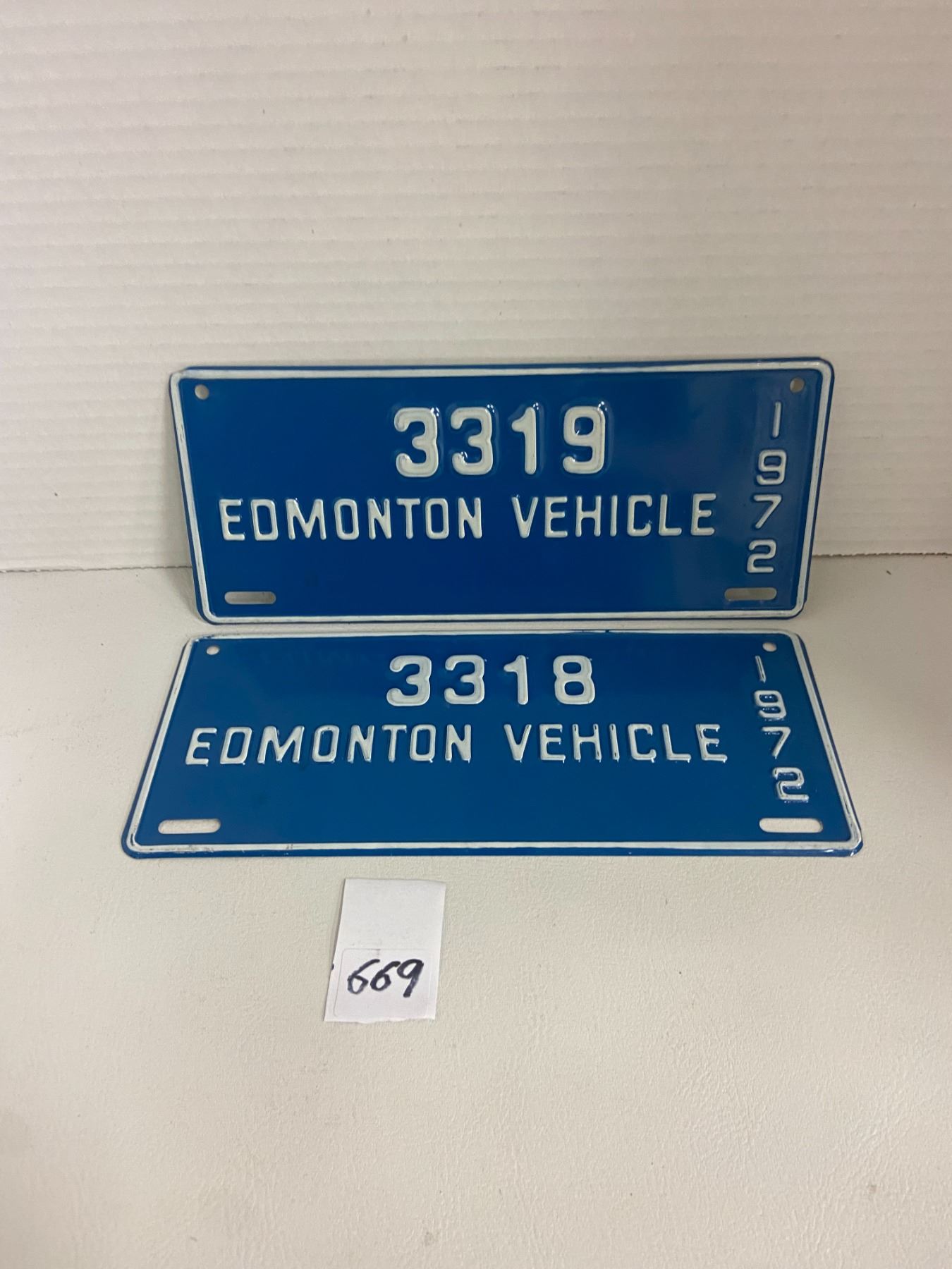 2 1972 Edmonton Vehicle plates 3318 & 3319 9" x 3 1/2" - Schmalz Auctions