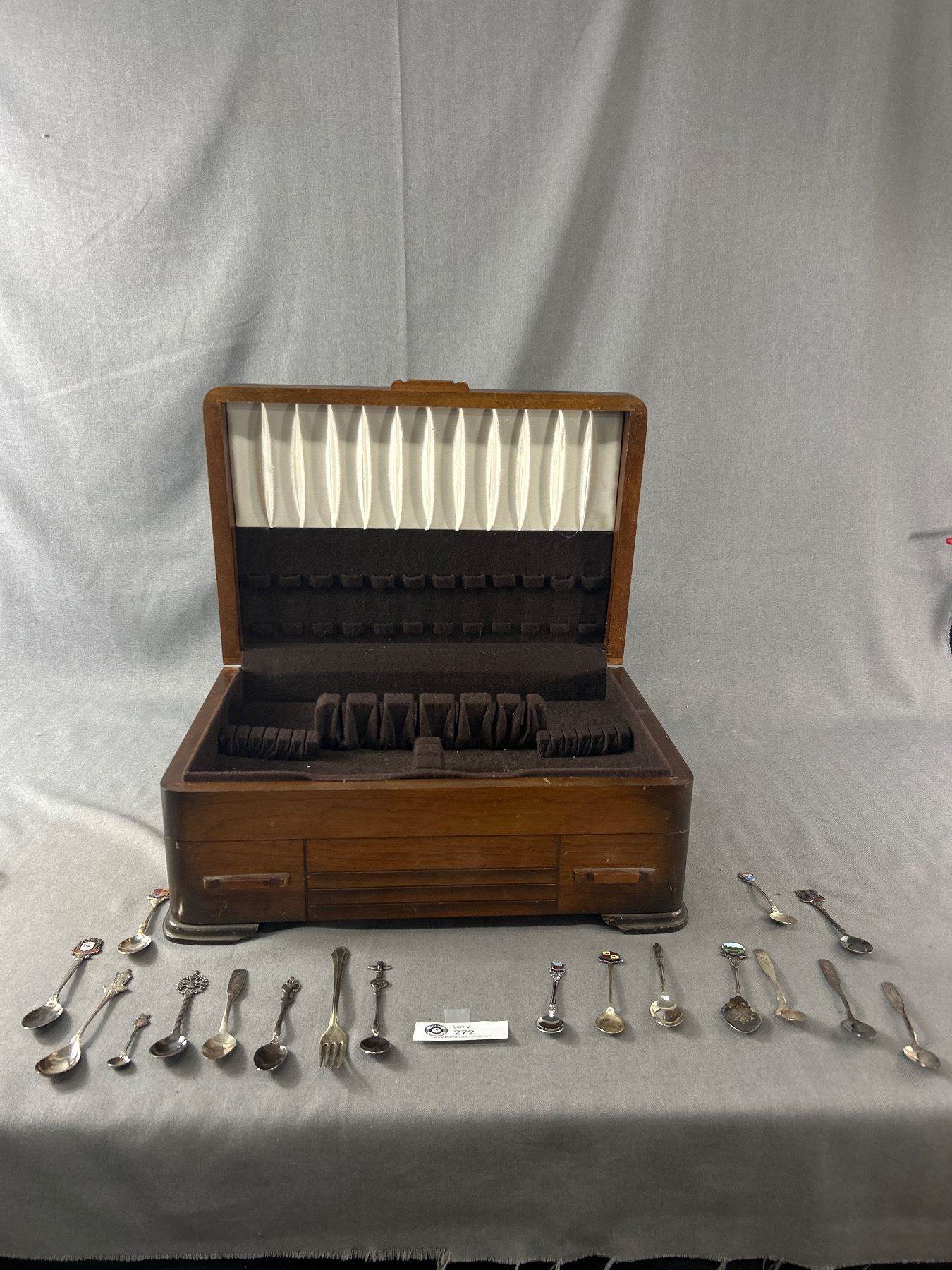 Vintage Souvenir Spoons & Wood Silverware Box w/ Drawer (empty)