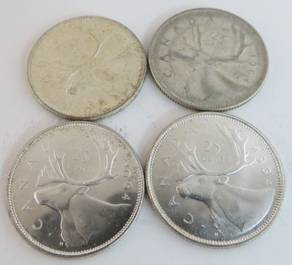4 Canadian Silver Quarters 1964