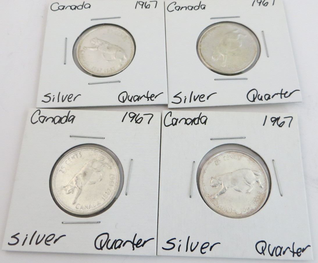 4 Canadian Silver Quarters 1967