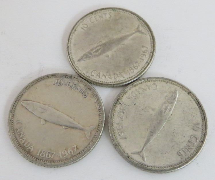 3 Canadian Silver 1967 Dimes