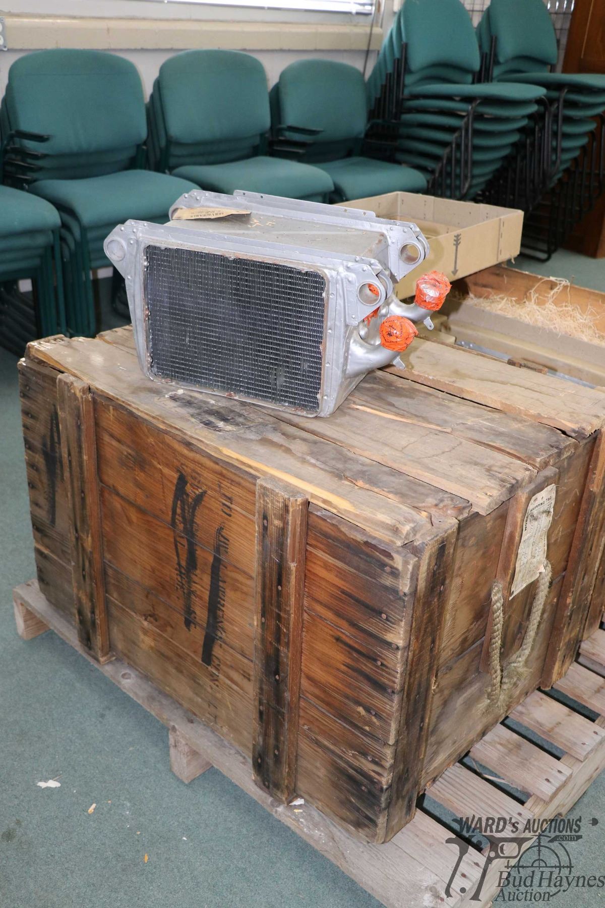 Vintage aircraft heater core with assorted attached brass labels ...