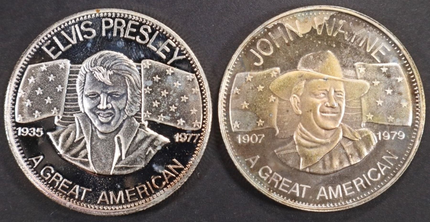 (2) 1 OZ .999 SILVER JOHN WAYNE & ELVIS ROUNDS