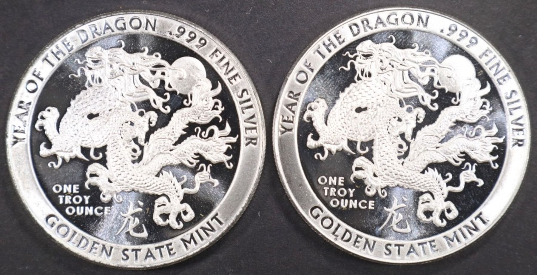 (2) 1 OZ .999 SILVER YEAR OF THE DRAGON ROUNDS
