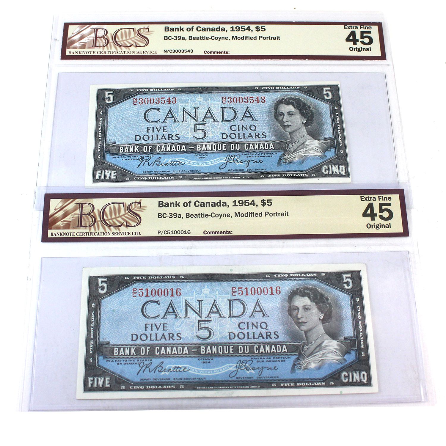 2x BC-39a $5 BCS EF45 Original Beattie-Coyne, Modified Portrait. 2pcs.