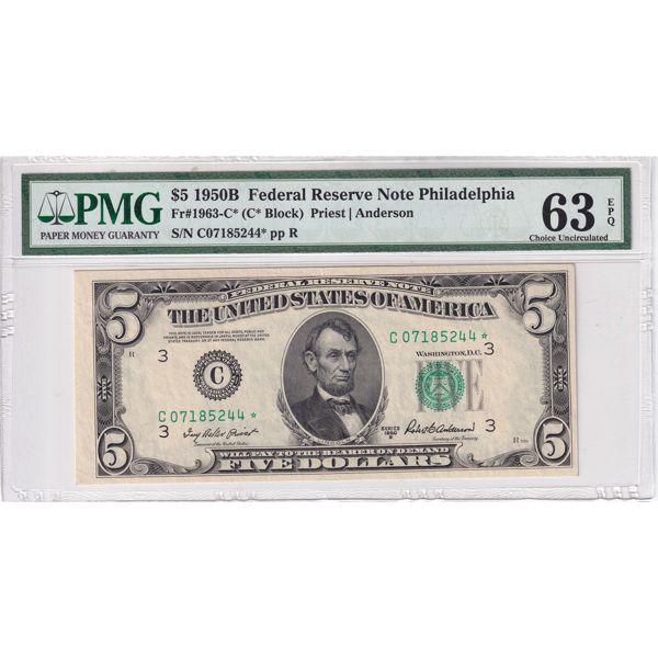 USA 1950B FR-1963-C* (C* Block) Philadelphia $5 PMG CUNC63 EPQ Priest ...