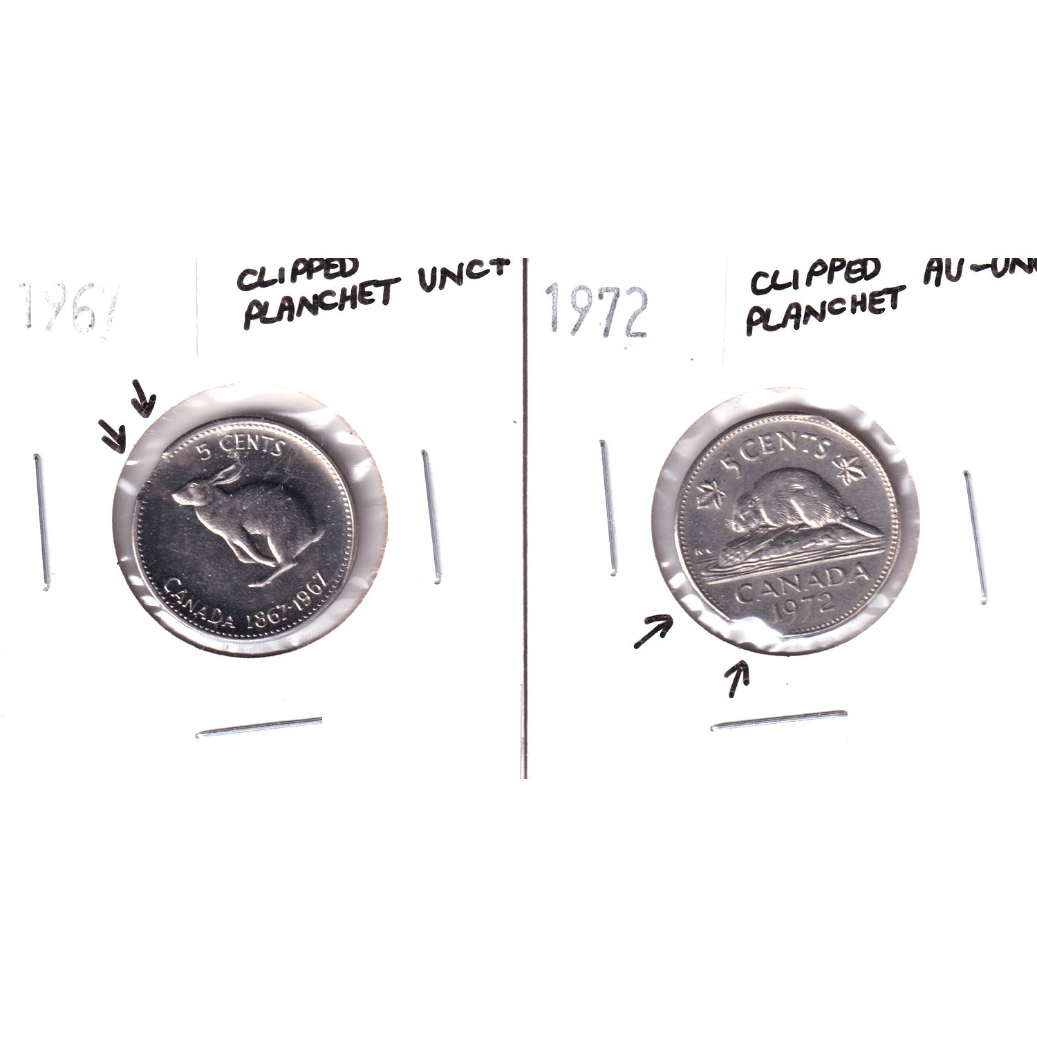 5-cent 1967 Clipped Planchet UNC+ & 1972 Clipped Planchet AU-UNC