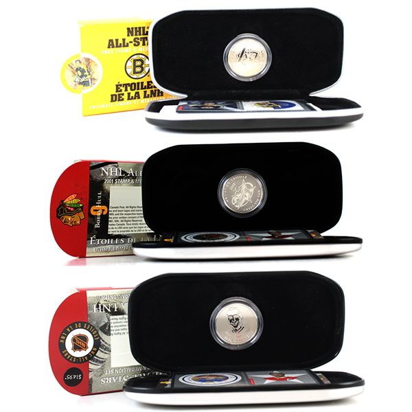 2001 & 2002 NHL Stamp & Medallion Sets - 2001 Bubby Hull, 2001 Jean ...