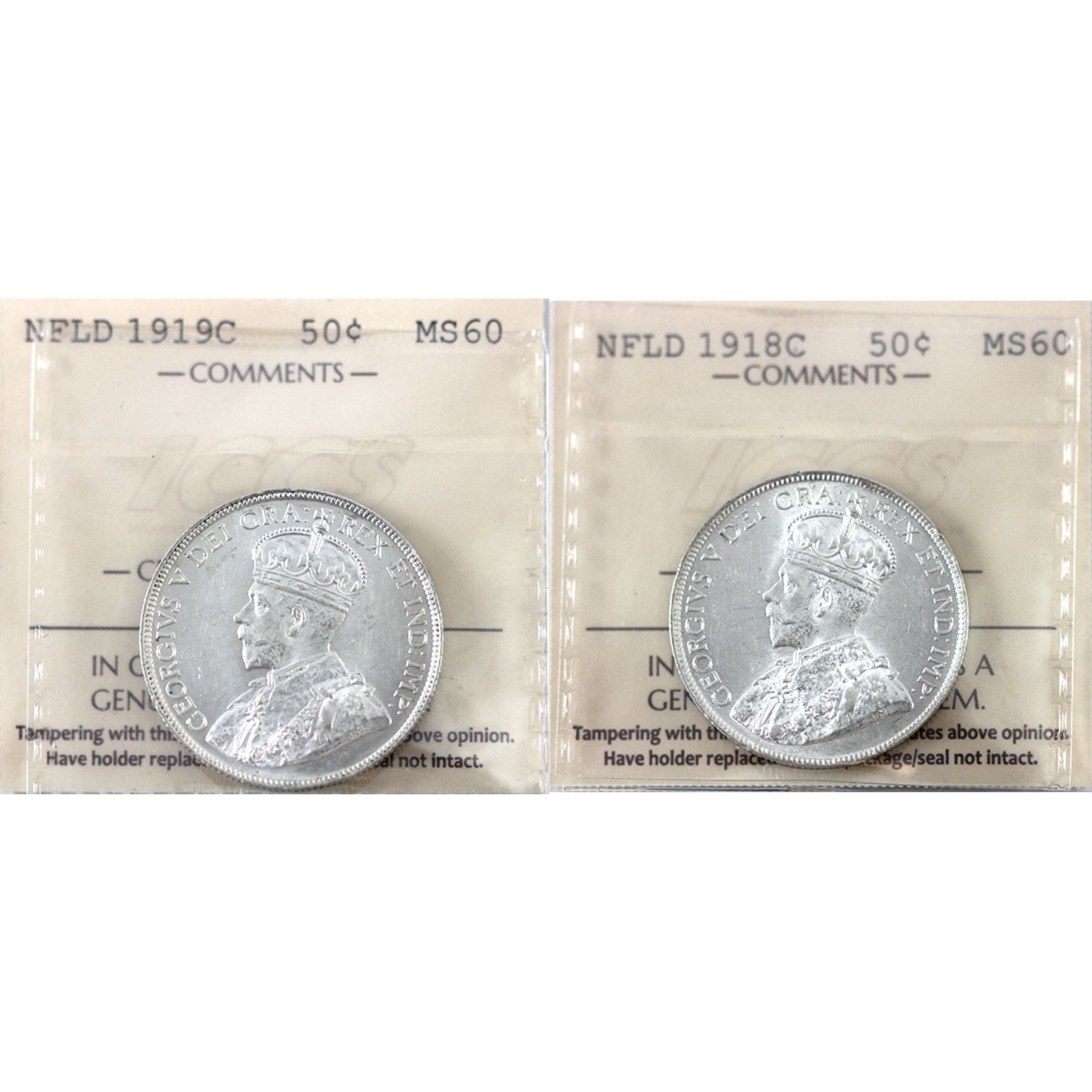 Newfoundland 50-cent 1918c & 1919c ICCS MS60. 2pcs.