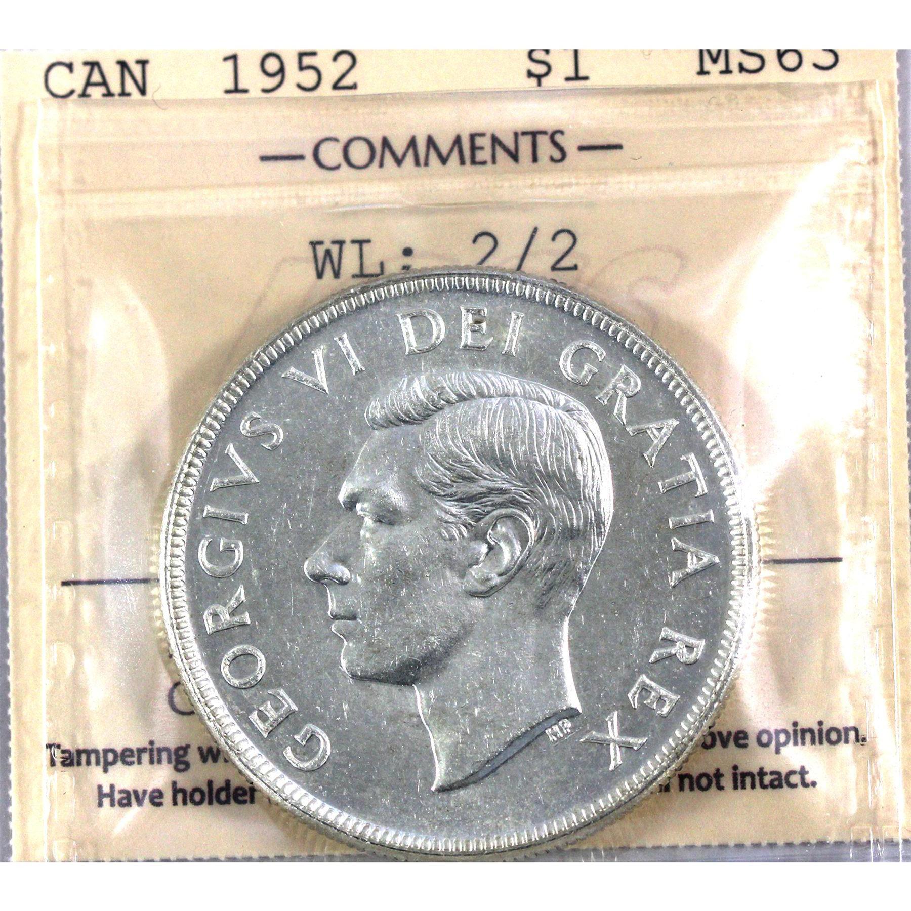 Silver $1 1952 2/2 Variety ICCS MS63