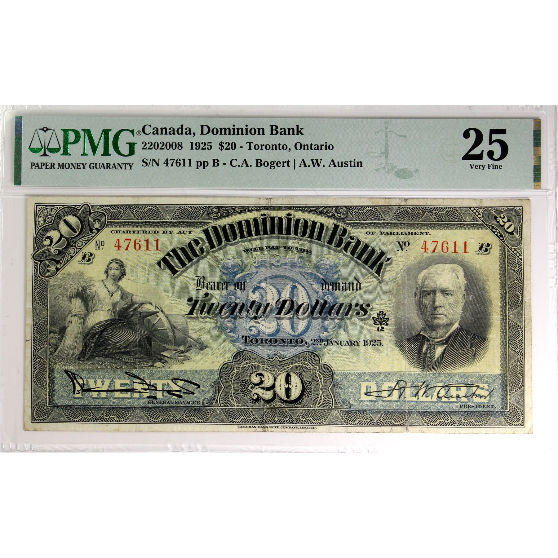 220-20-08 1925 $20 Dominion Bank PMG VF25 Bogert-Austin SN: 47611 ppB