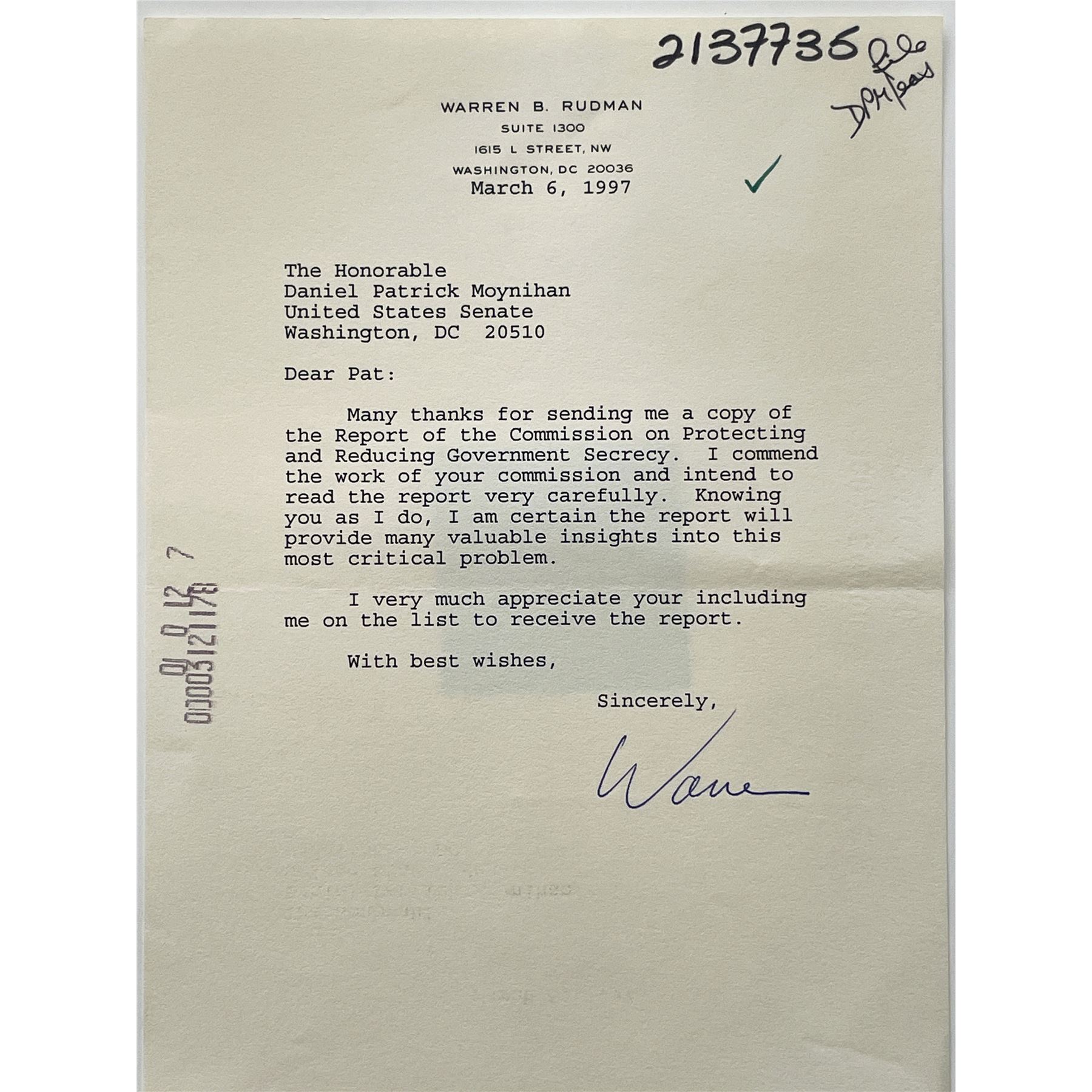 Former United States Senator Warren B. Rudman signed letter