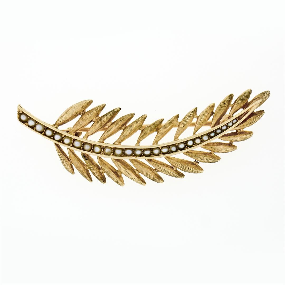 Vintage 14K Yellow Gold Seed Pearl Brushed Finish Long Feather Leaf ...