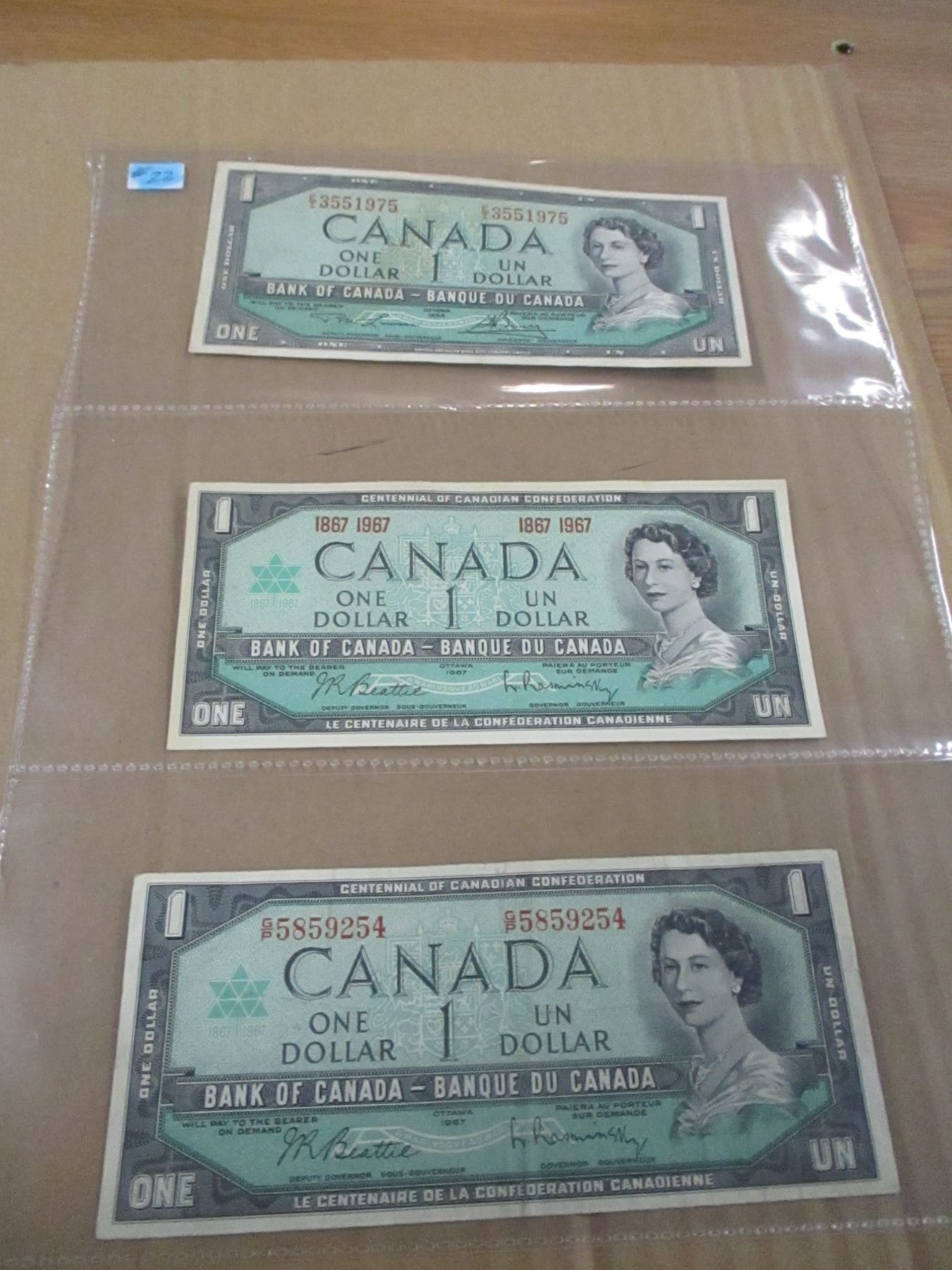 1954, 1967 SERIAL NUMBER & 1967 NO SERIAL NUMBER LAST OF CANADA $1 BILLS