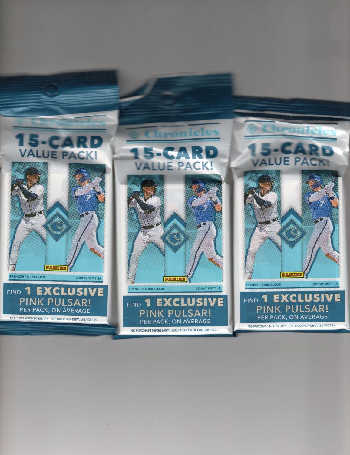 3 packs of 2022 Panini Chronicles Baseball Value Pack. 15 cards per ...