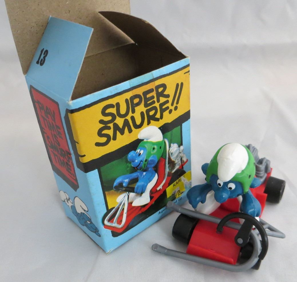 Vintage 1980's Schleich Super Smurf Go Cart Smurf Figure