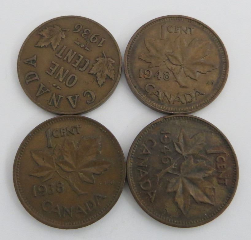 4 Canadian Pennies 1936, 1938, 1946, 1948