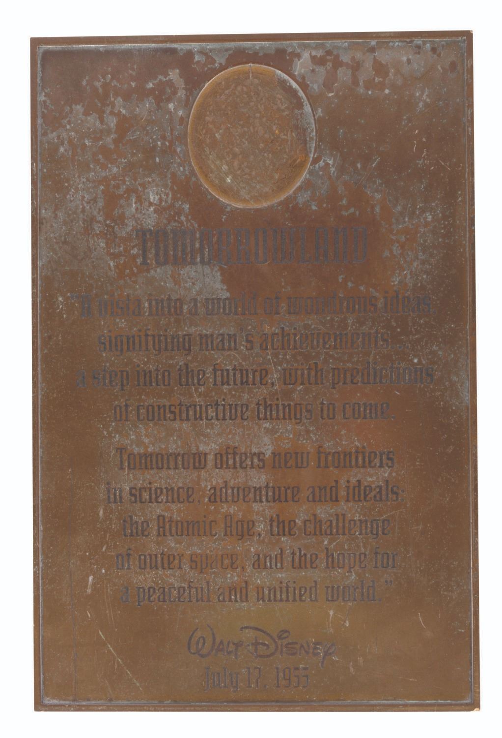 A Tomorrowland Park-Used Dedication Plaque.