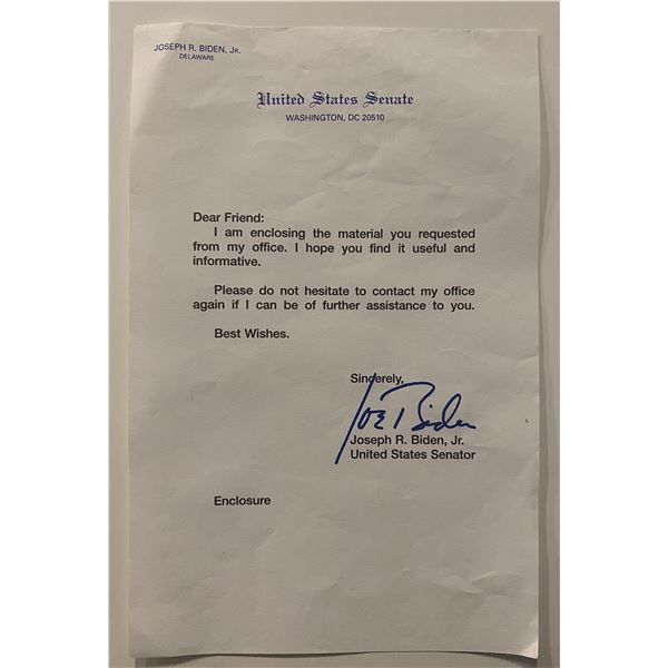 US Delaware Senator Joseph r. Biden Jr facsimile signed letter