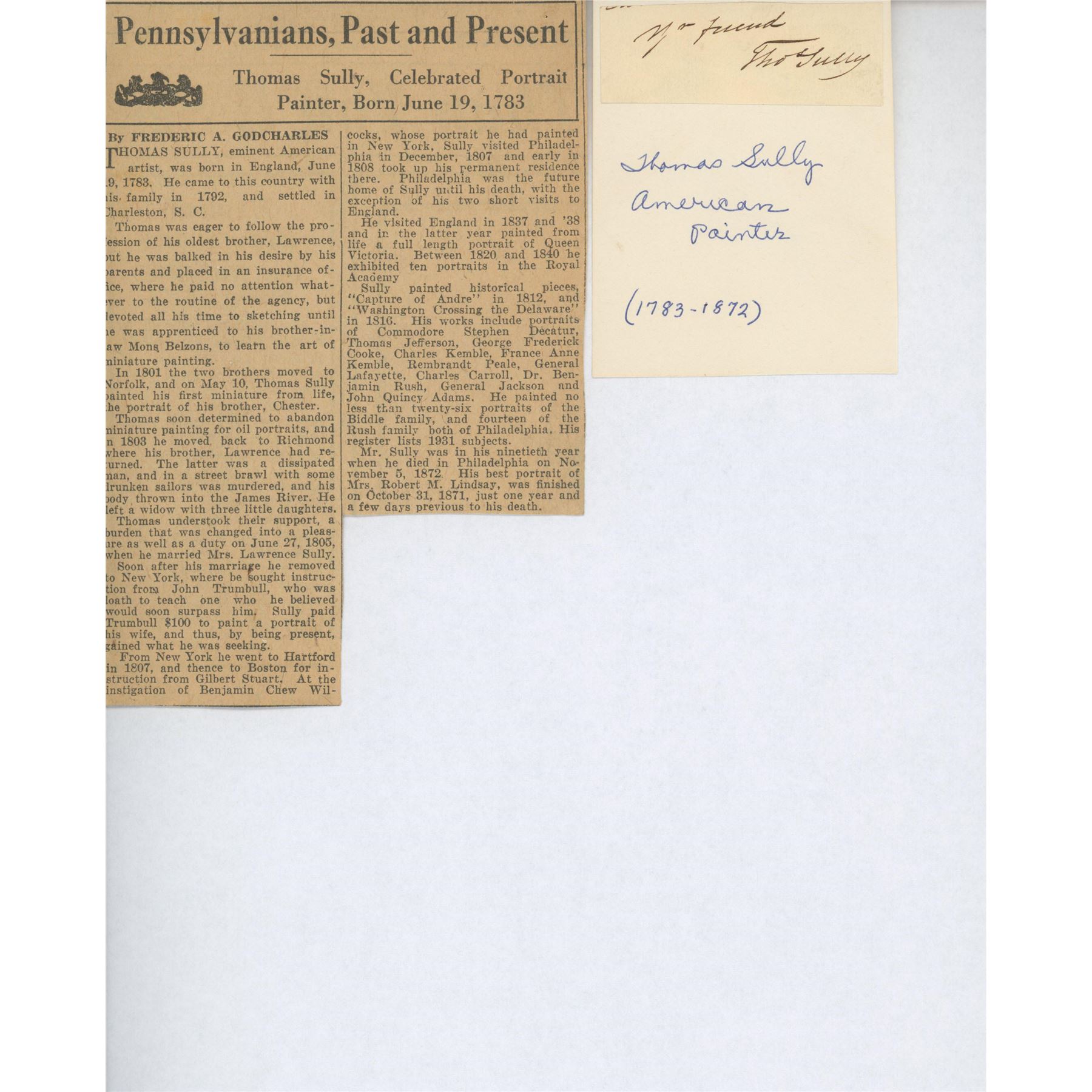 Thomas Sully original signature