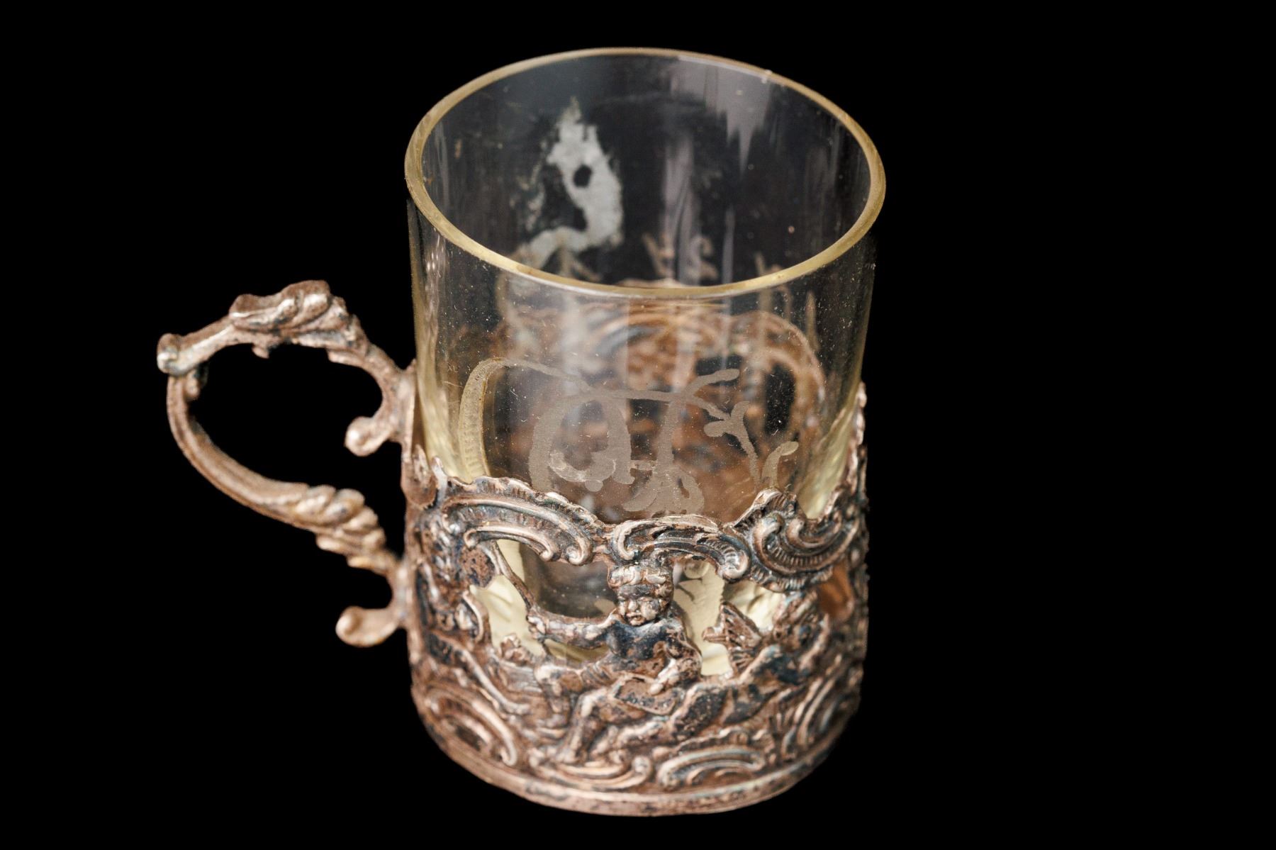 Antique Silver Carved Cup Holder with Glass Cup. Europe.