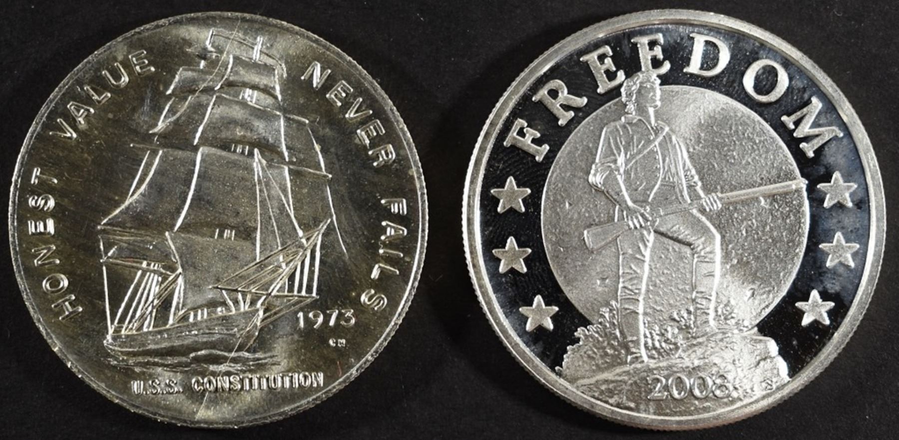 (2) 1 OZ .999 SILVER FREEDOM & USS CONST ROUNDS