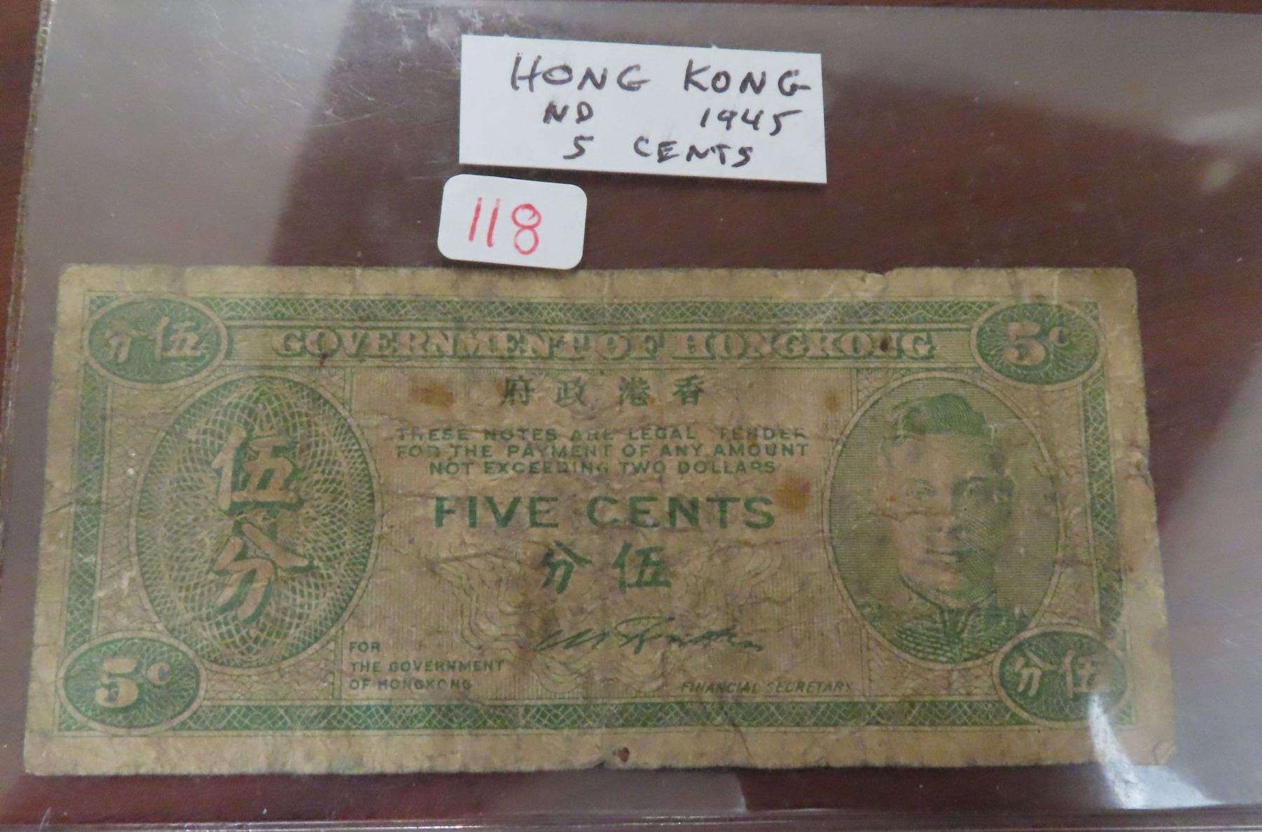 Hong Kong. 1945 Government of Hong Kong 5 Cents. Depicts King George VI ...