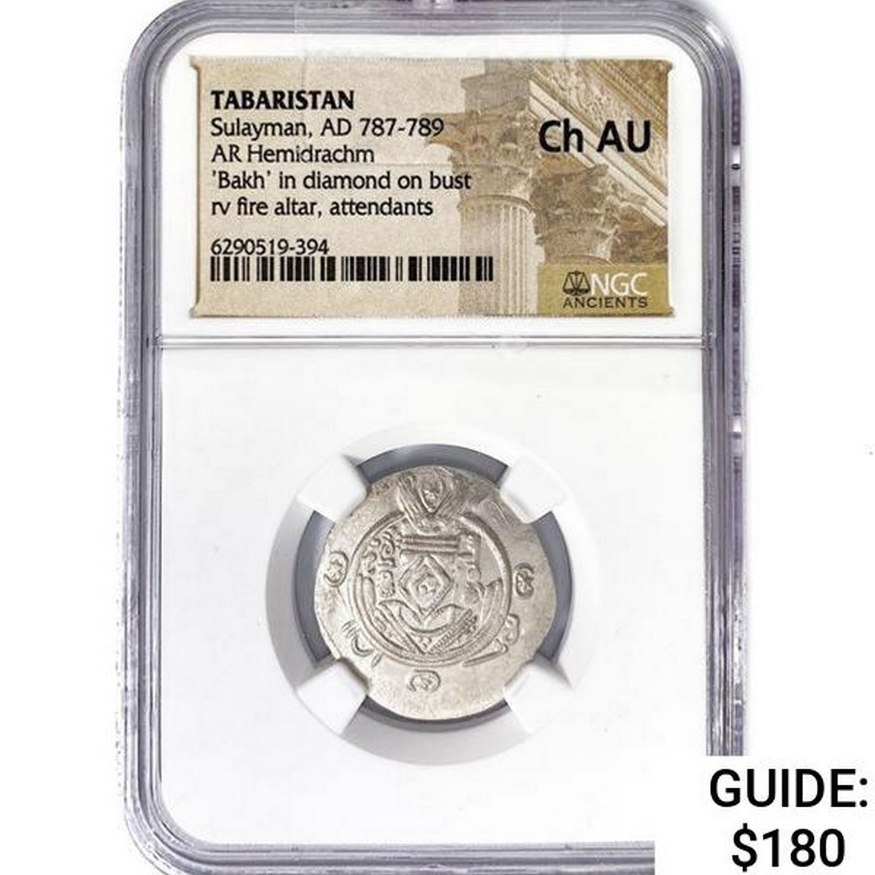 787-789 AD Tabaristan Silver Hemidrachm NGC Ch AU