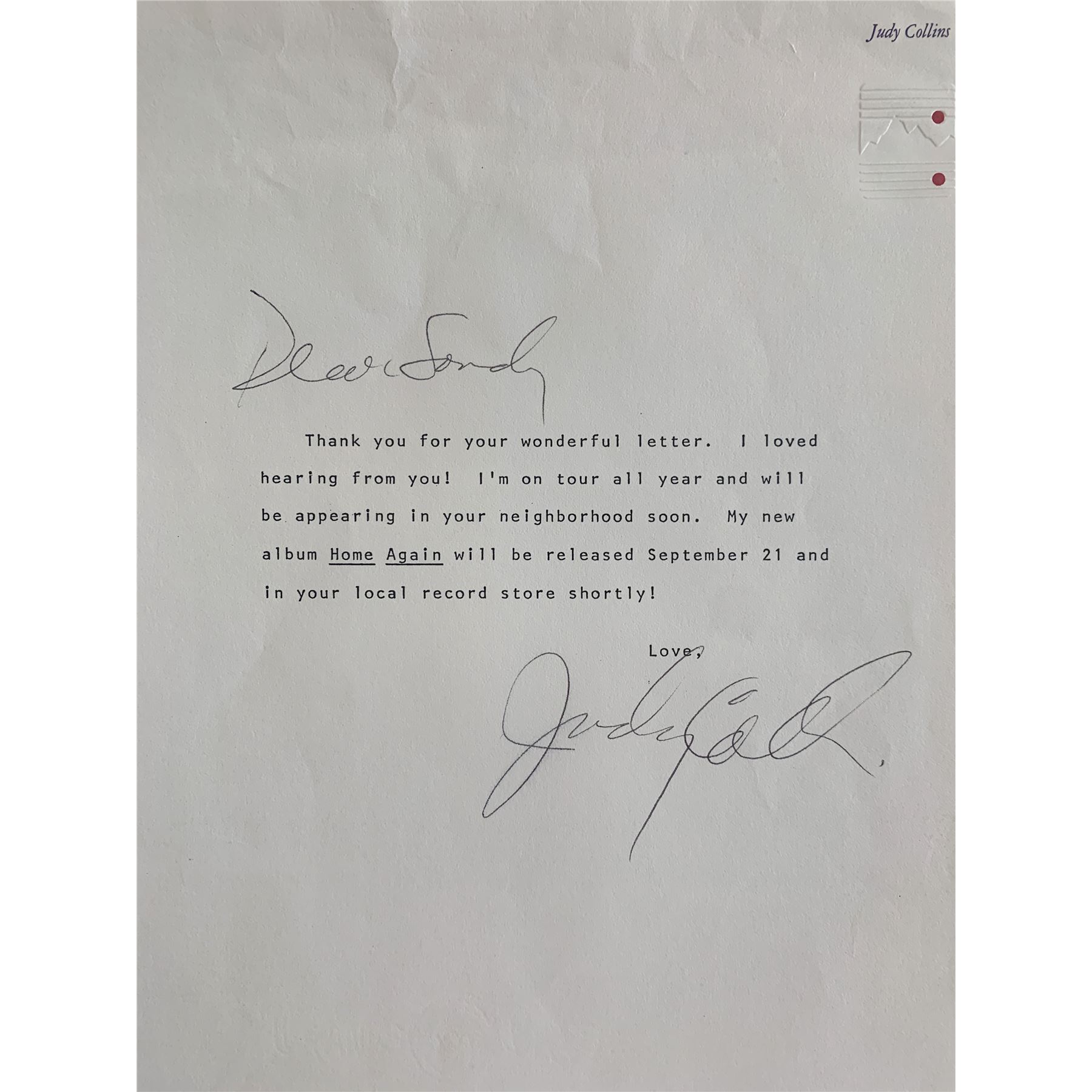 Judy Collins Signed Note