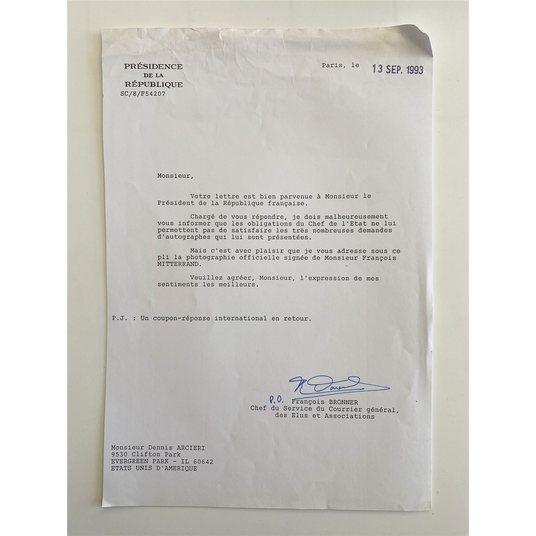 French President François Mitterrand press office signed 1993 letter
