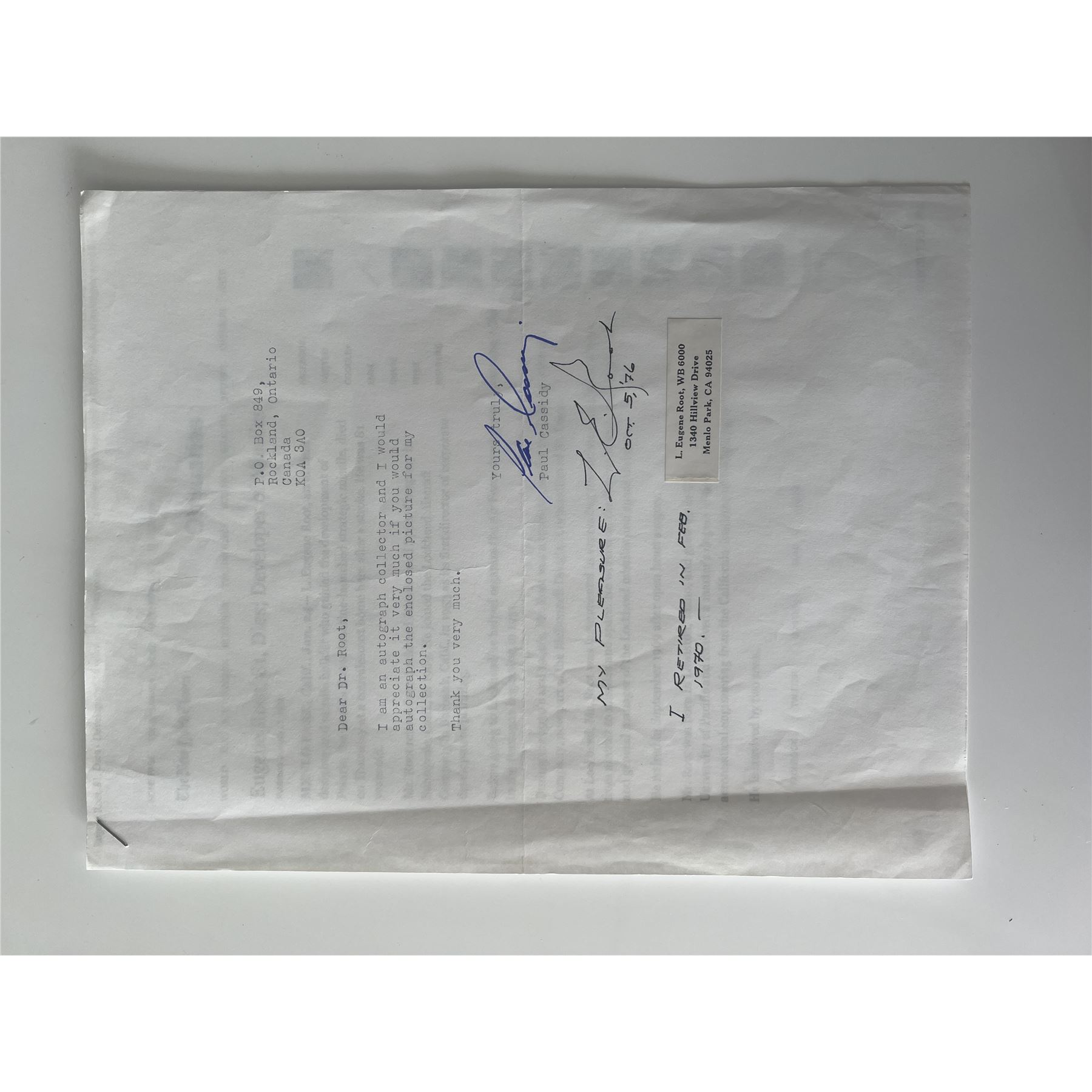 L. Eugene Root signed letter