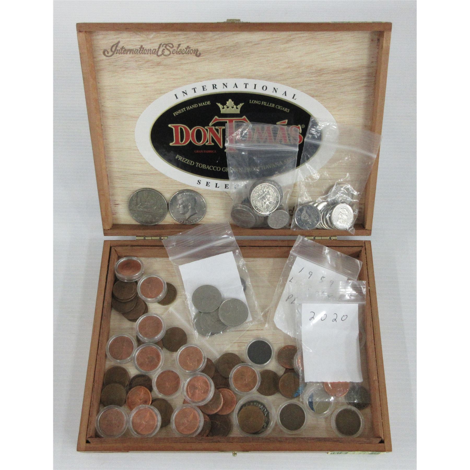 Cigar Box With Assortment of USA and Canadian Coins