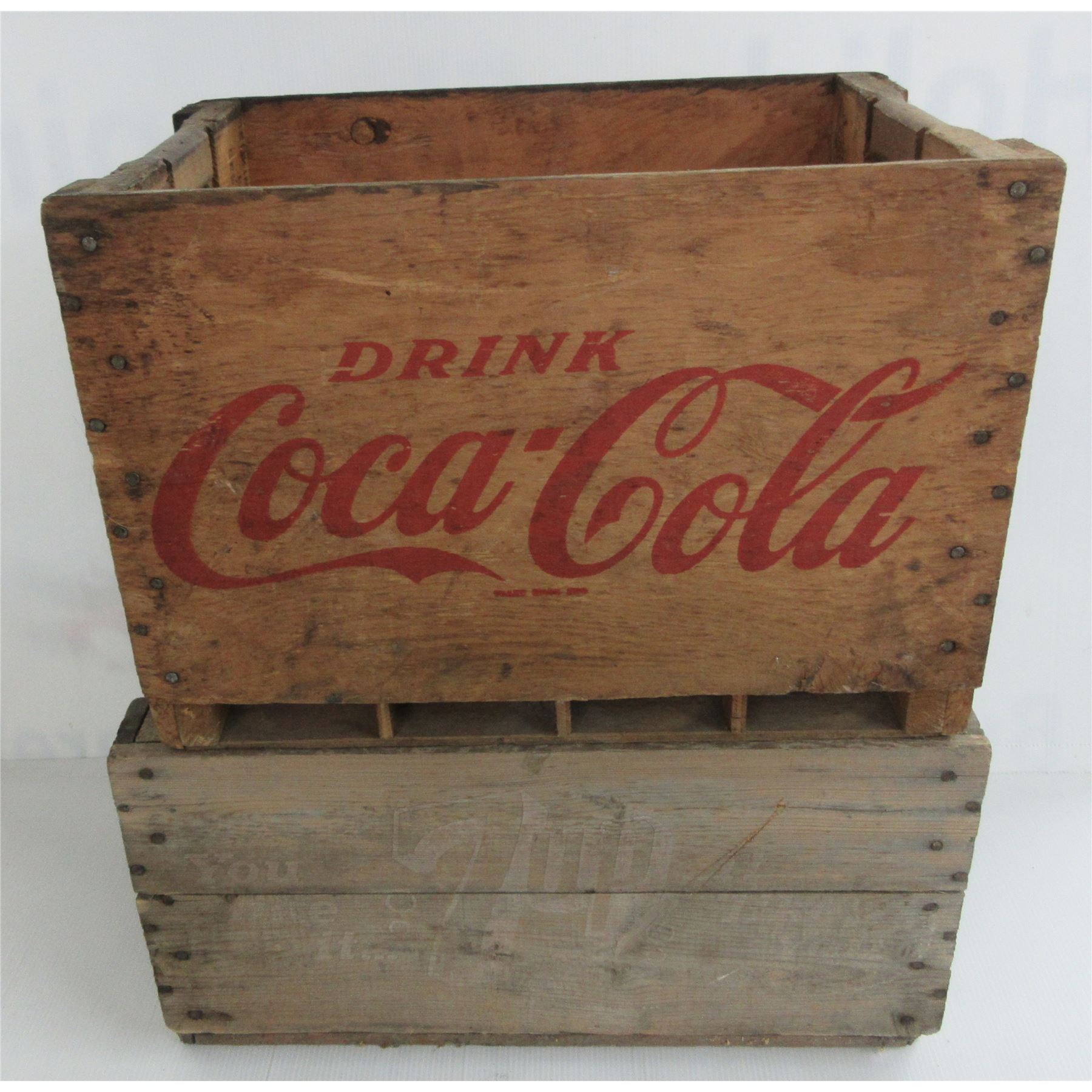 Coca-Cola and Seven-Up Soda Pop Wood Crates