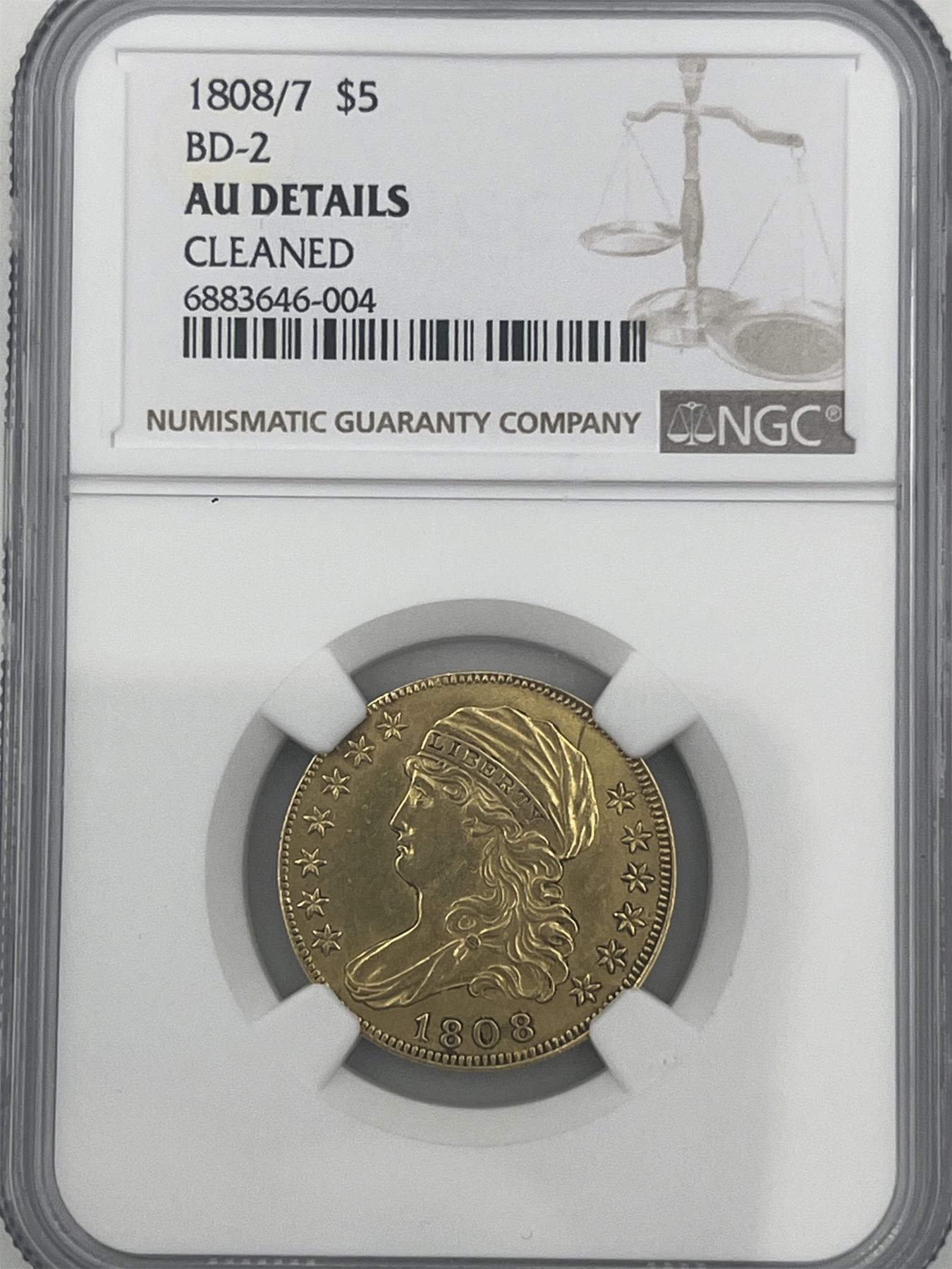 NGC Graded 1808/7 $5 BD-2 AU Details Cleaned Gold Coin - Bosley Auctioneers