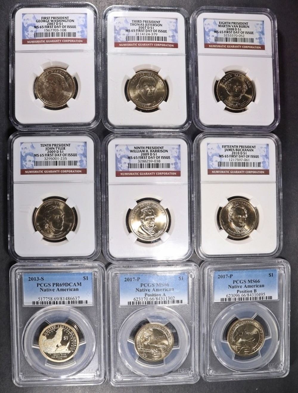 (6) PRES $1 NGC COINS & (3) SACAGAWEA PCGS COINS