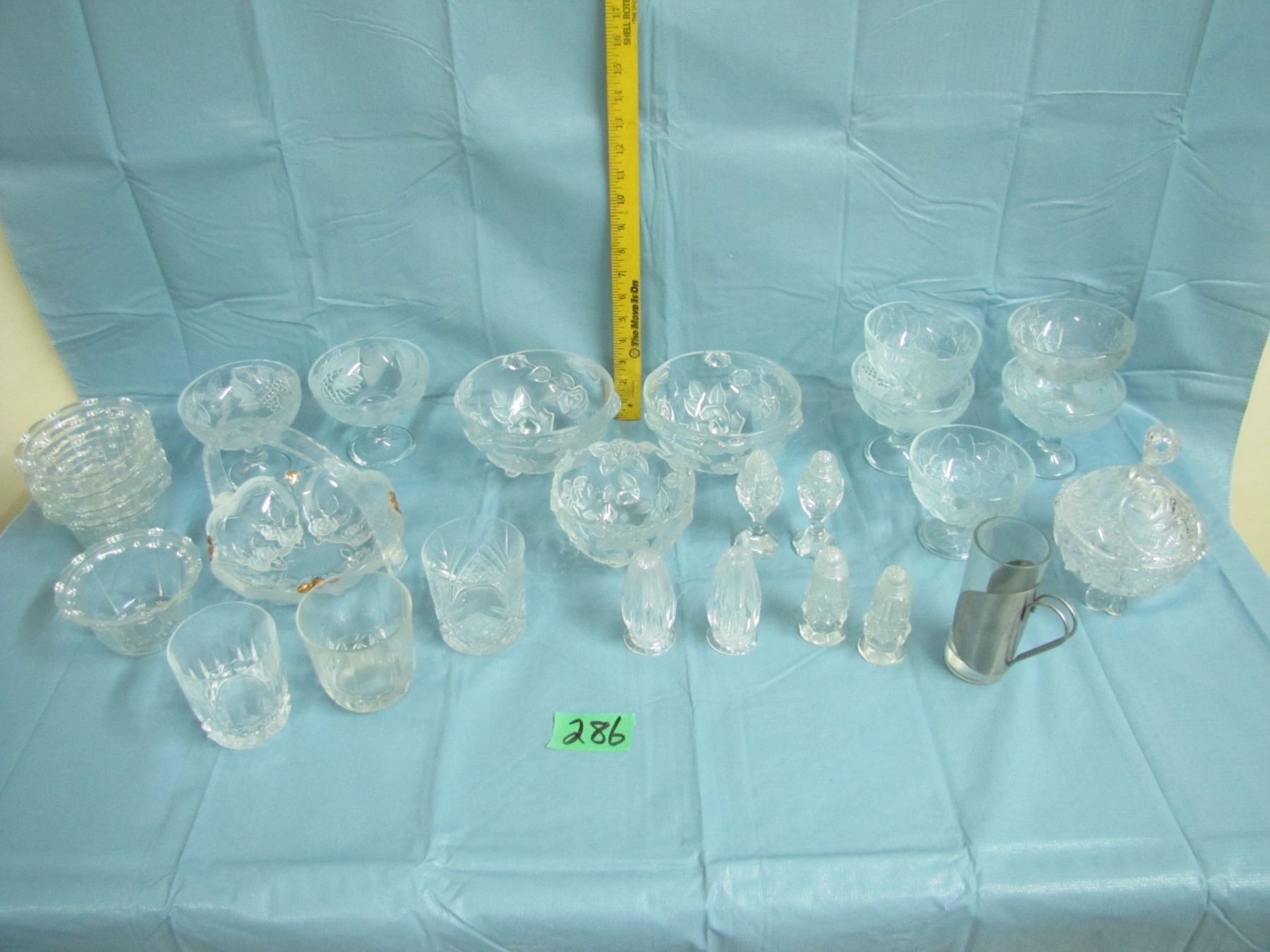 Cut glass items including fruit nappies, salt and pepper , possibly ...