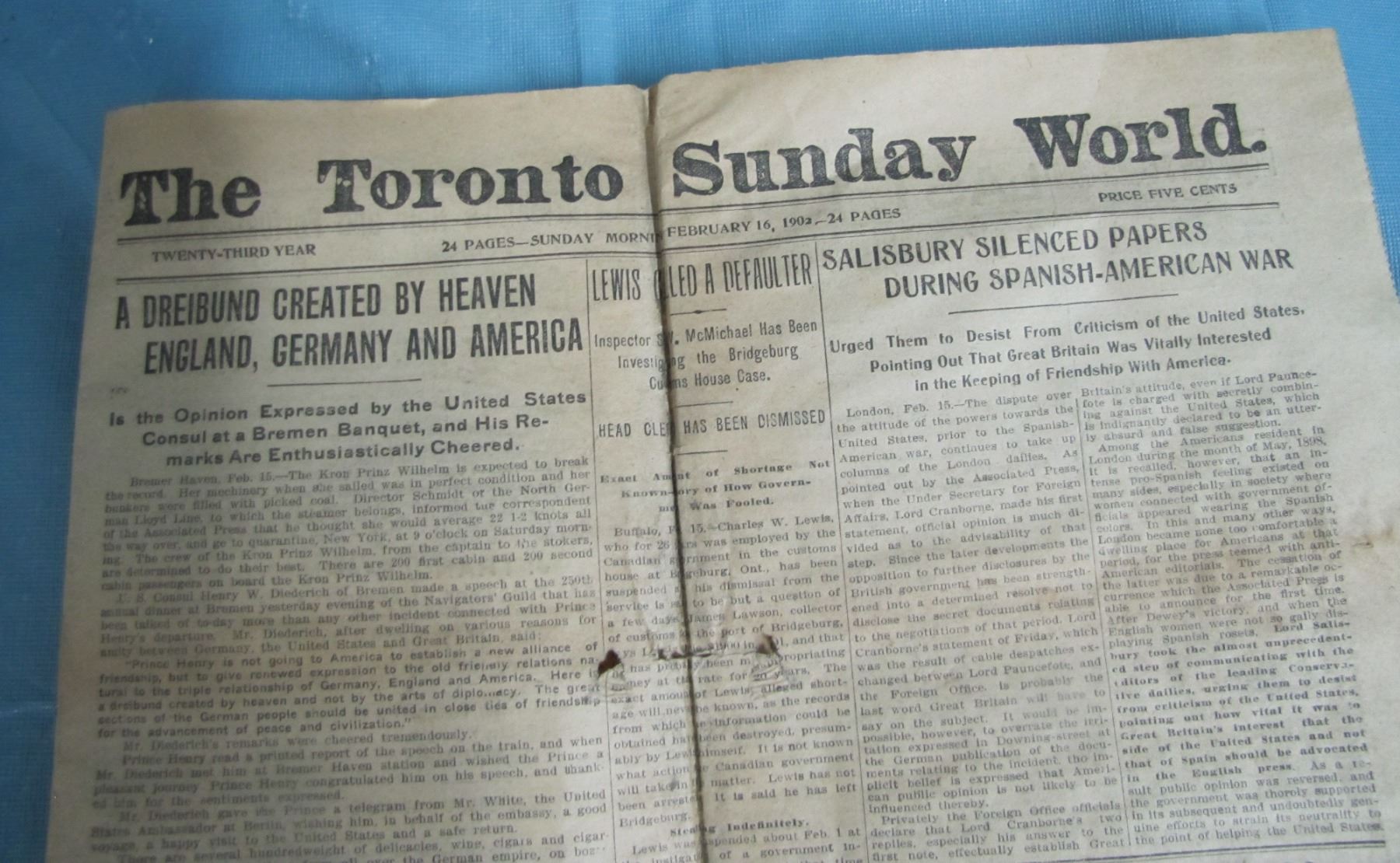 Newspaper - The Toronto Sunday world - printed February 16, 1902