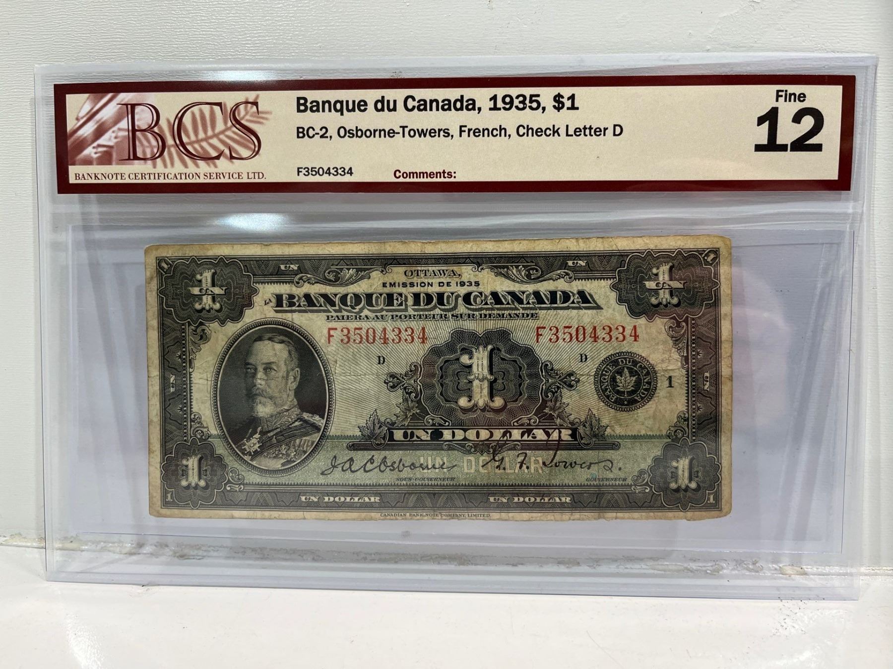 1935 Banque du Canada 1 Dollar Note SN F3504334 French Osborne-Towers - Beck Auctions Inc.