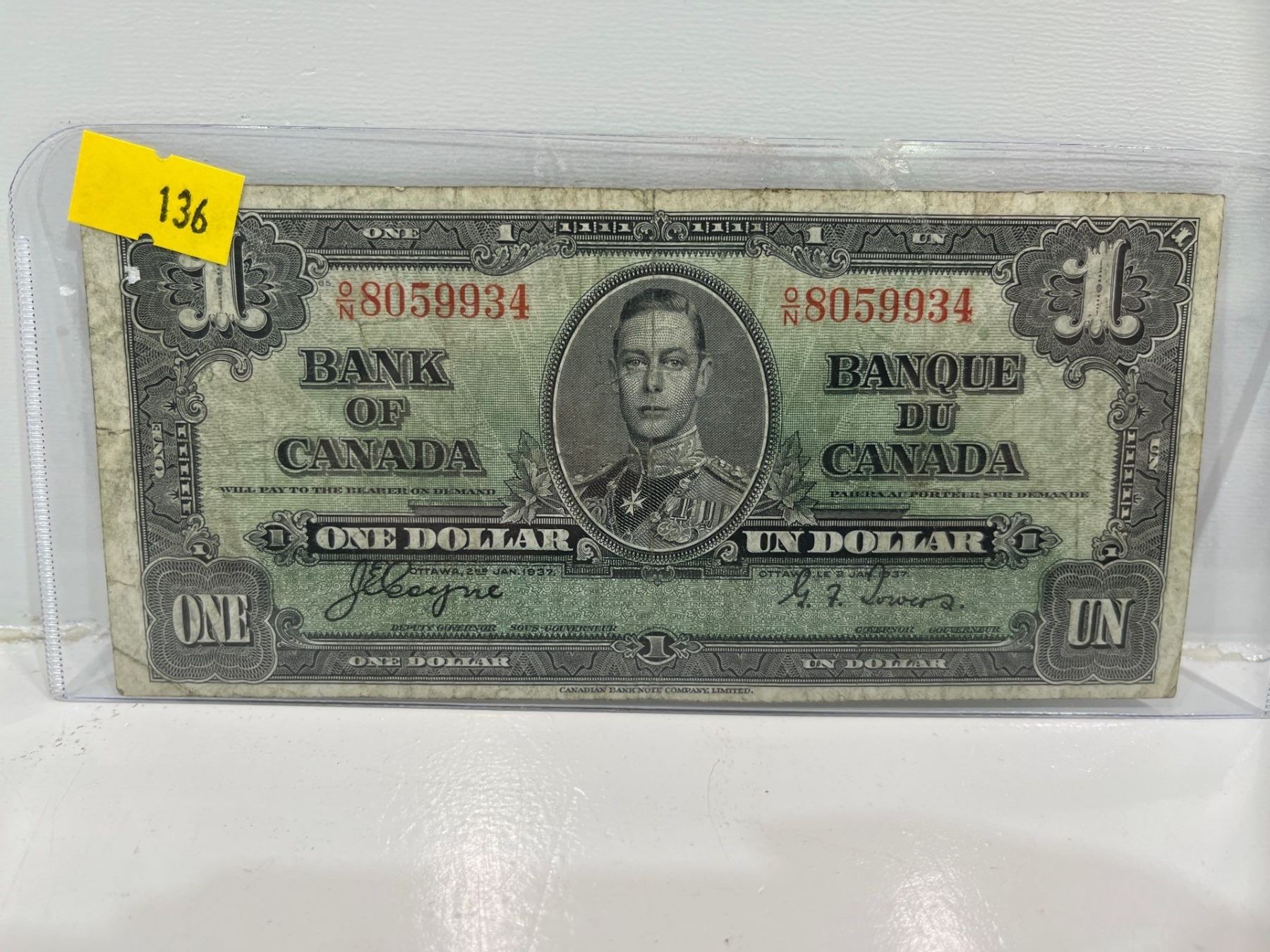 1937 Bank of Canada 1 Dollar Note SN O/N8059934 Coyne-Towers - Beck Auctions Inc.