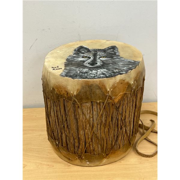 First Nations Tree Trunk Drum Painted Rawhide - "Red Hawk" Approx: 11.5 ...