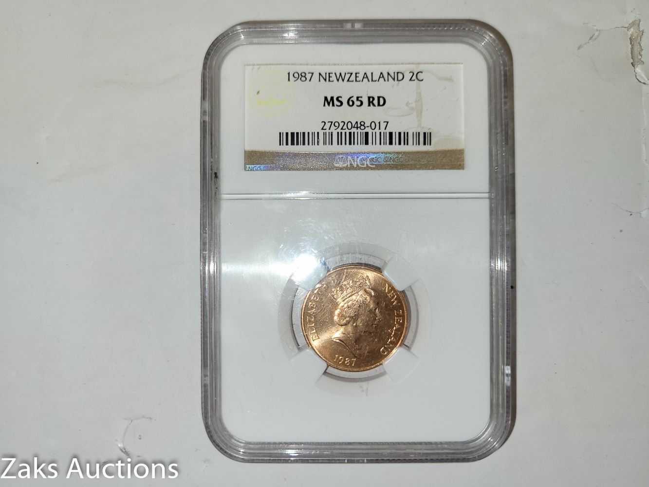 MS 65 RD NCG GRADED 1987 NEW ZEALAND 2 CENT COIN - UNCIRCULATED
