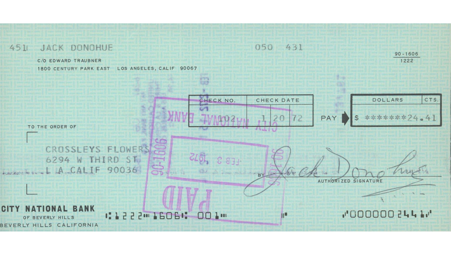 Jack Donohue signed check