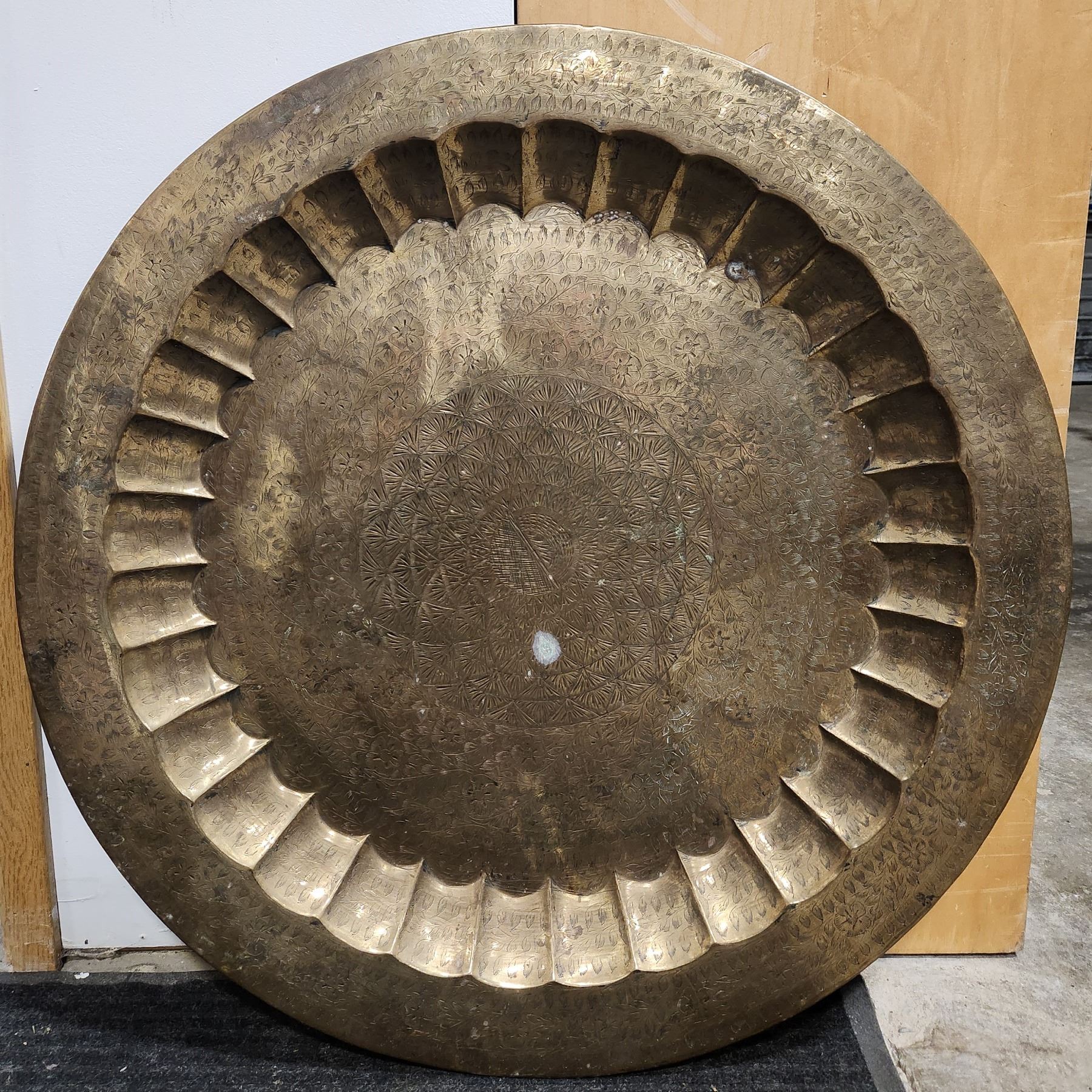 Large Heavy Vintage Etched Brass Plate 29" Diameter