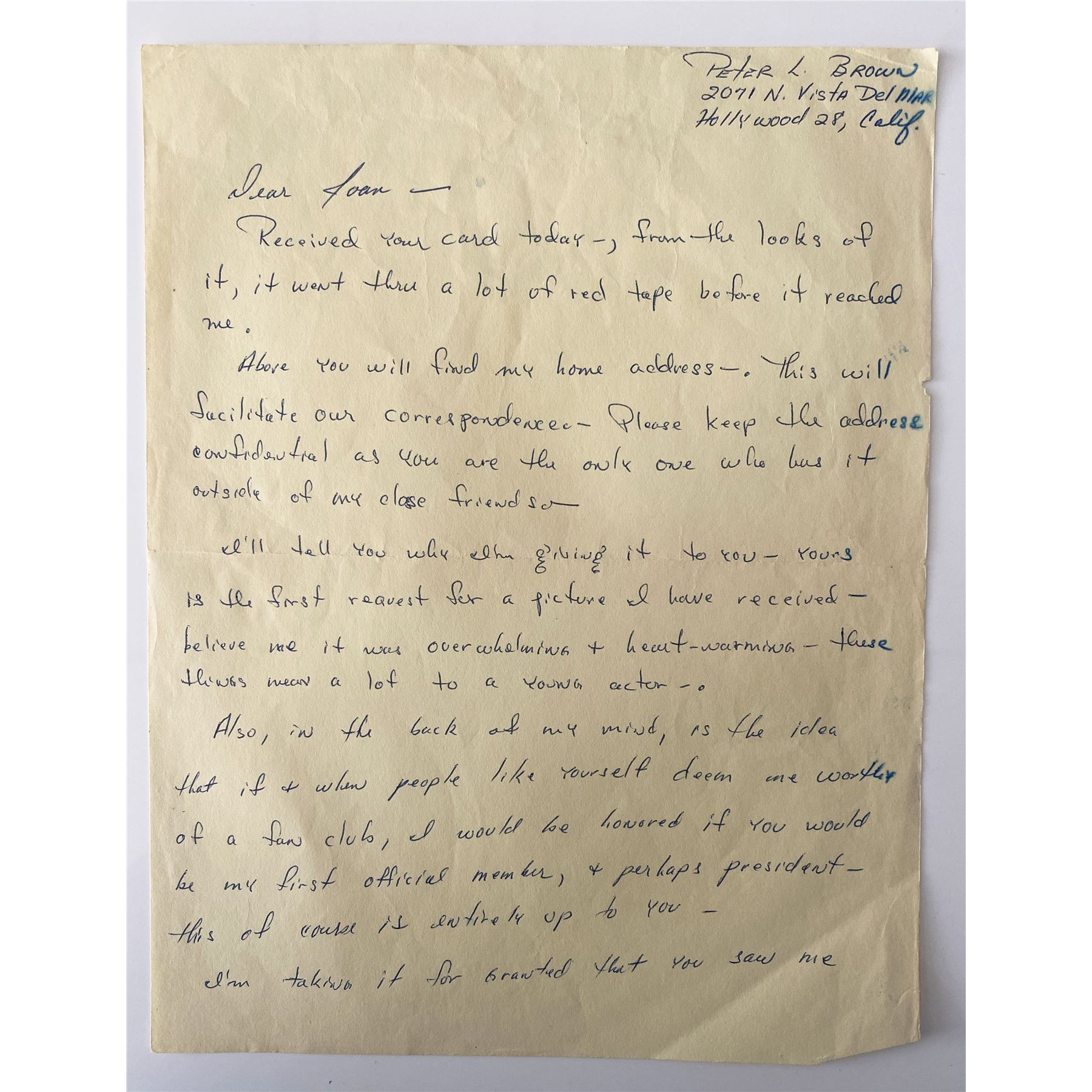 Actor Peter Brown signed letter