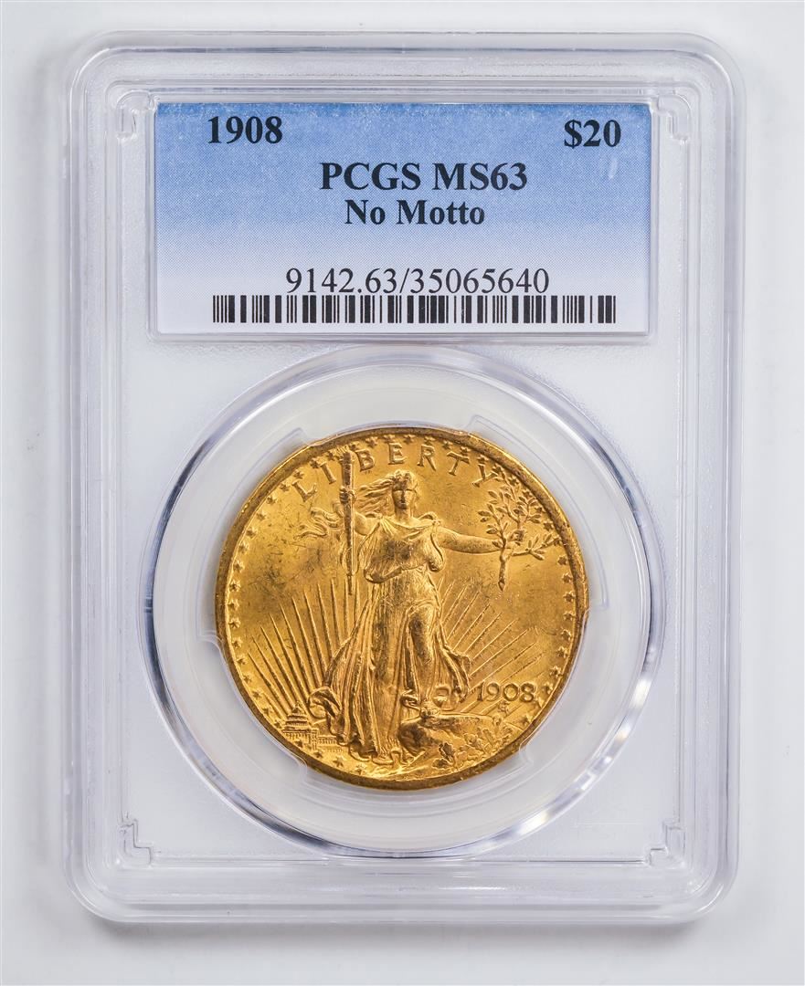 1908 $20 No Motto Double Eagle Gold Coin PCGS MS63
