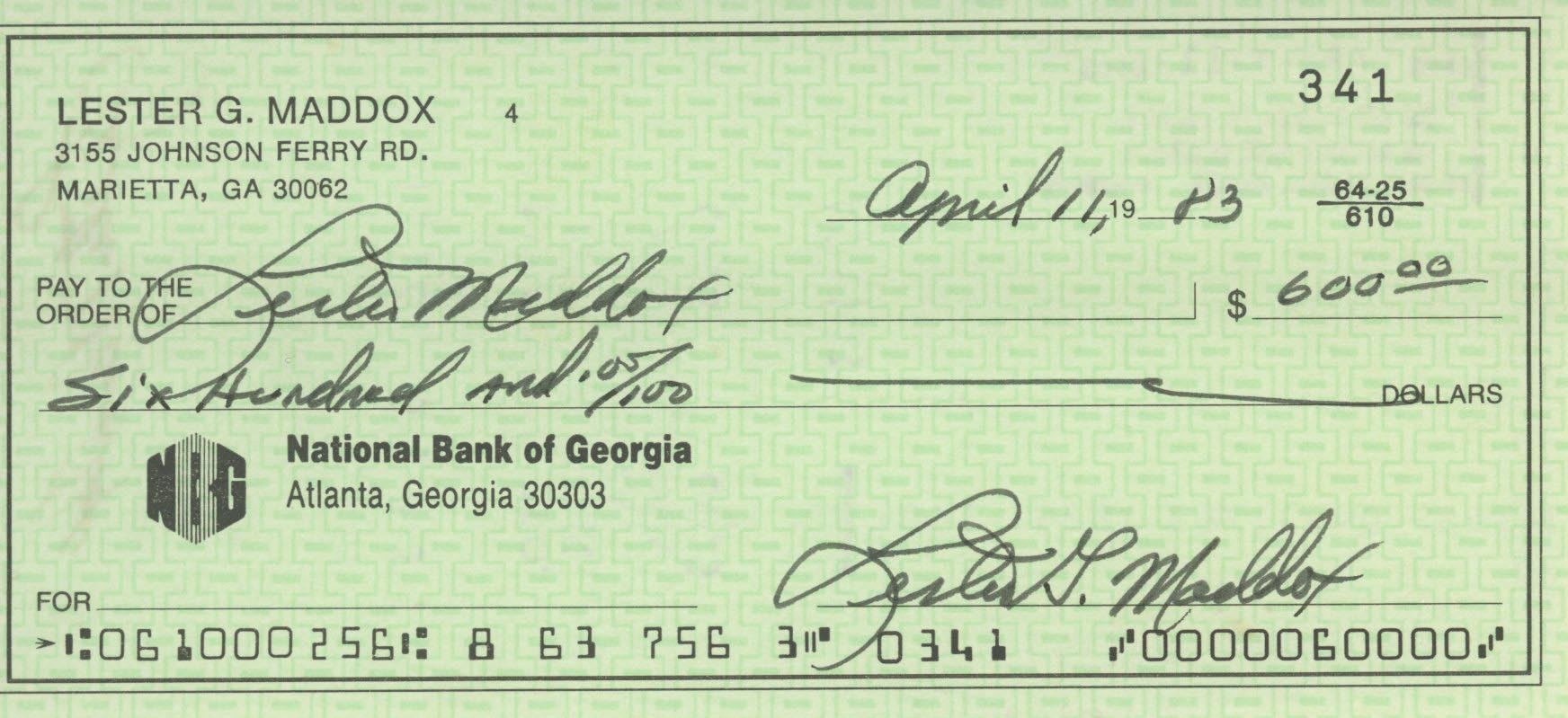 Lester Maddox signed check