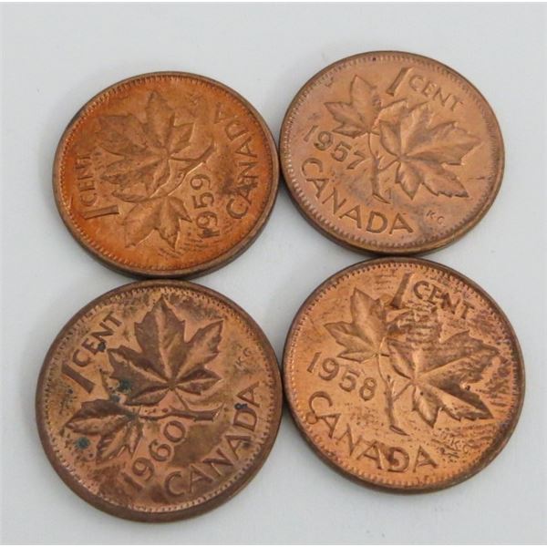 4 Canadian Pennies 1957-1960