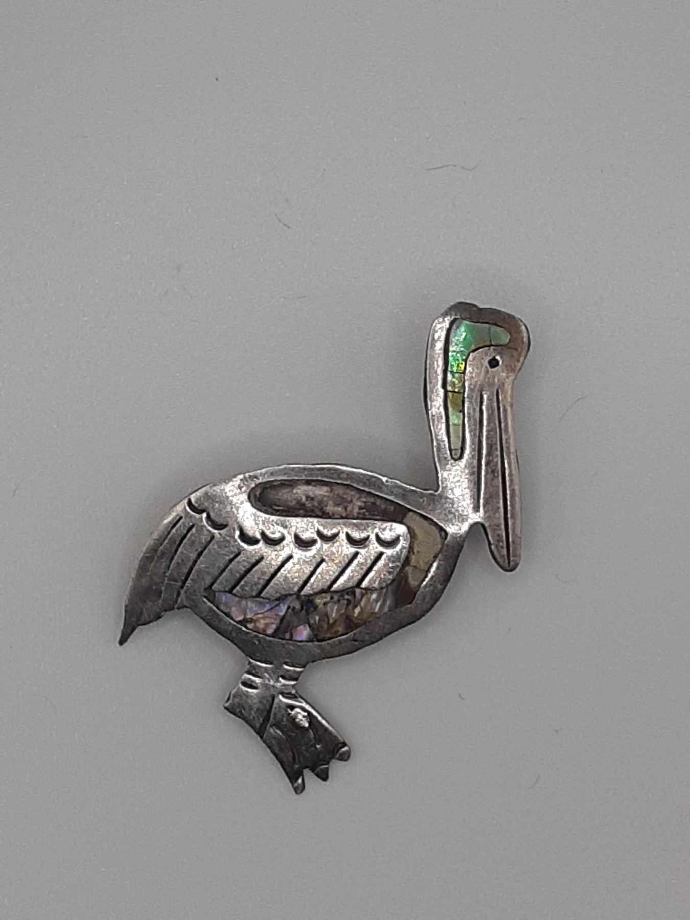 Vintage silver brooch pelican with abalone shell