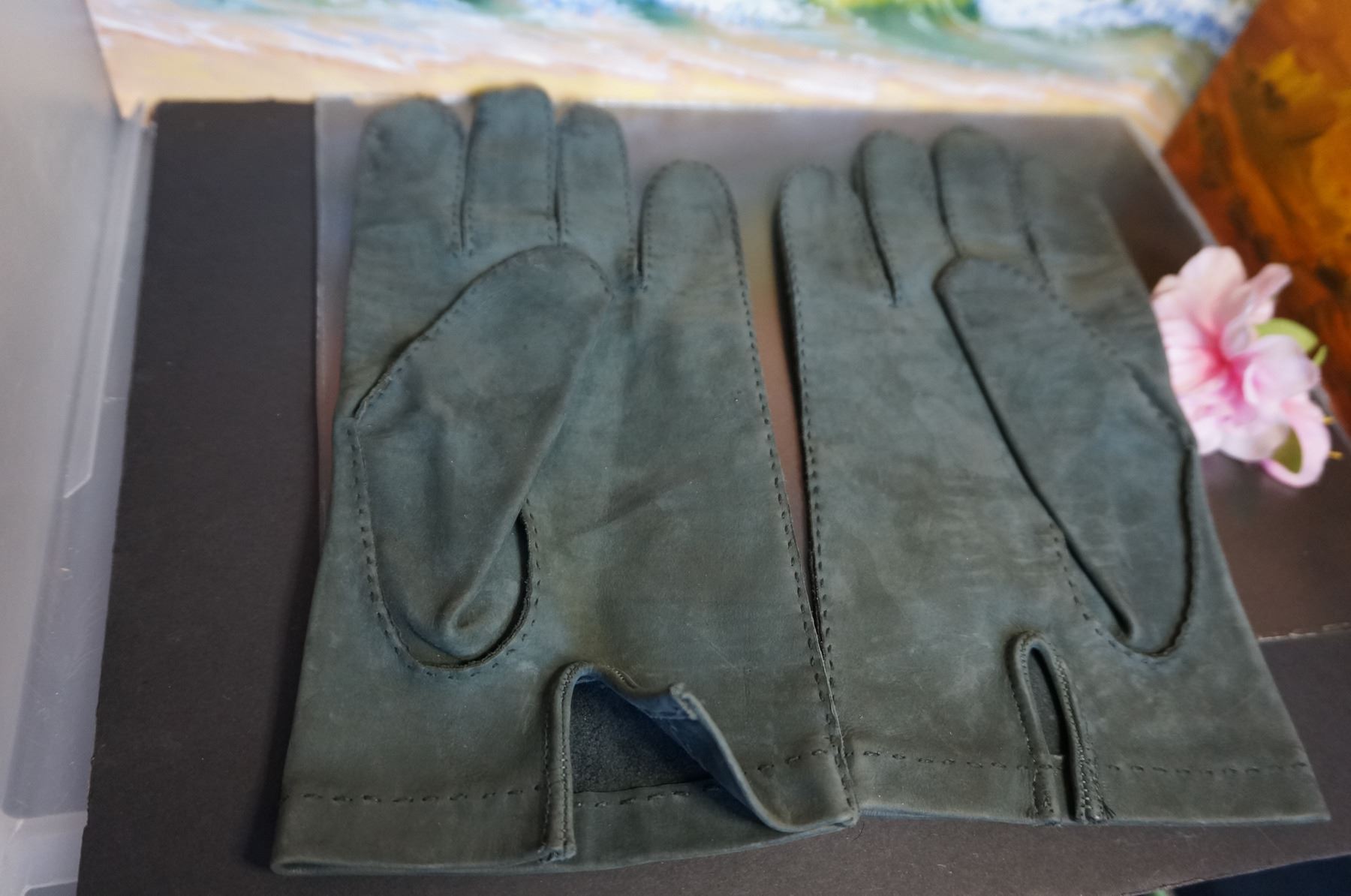 Vintage dark green leather men glaves, size xl, made in Czechoslovakia